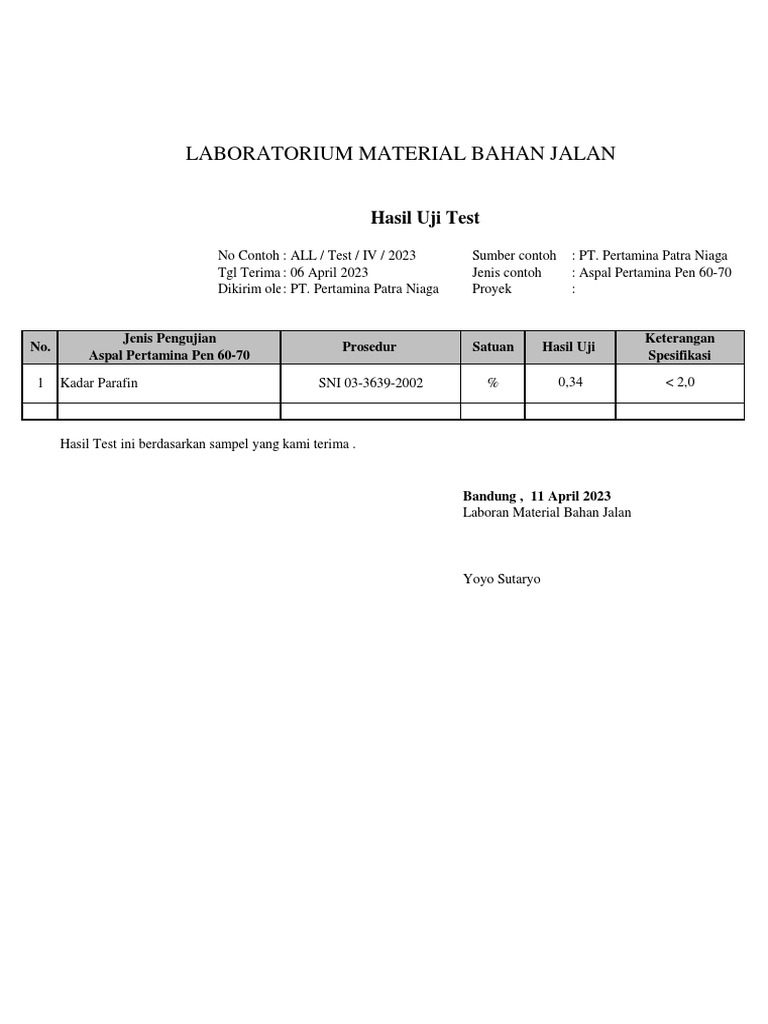 Kadar Parafin Aspal Pen 60-70 Pertamina Ex. PT. PPN | PDF