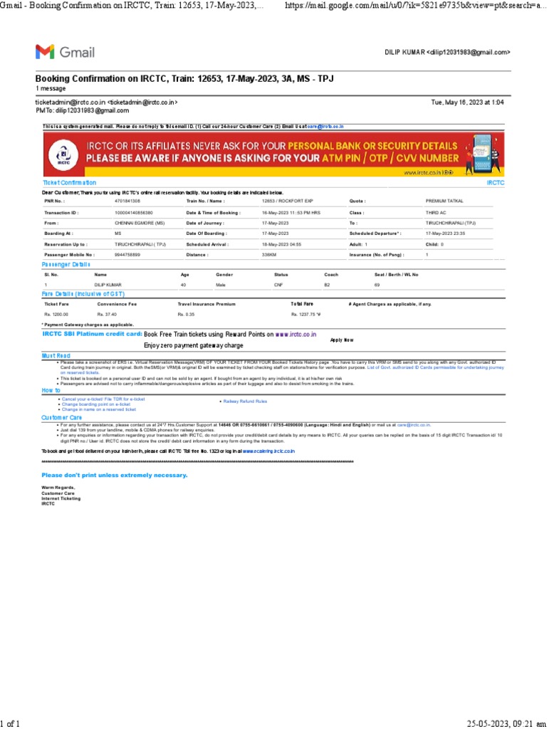 Gmail - Booking Confirmation On IRCTC, Train 12653, 17-May-2023, 3A, MS ...