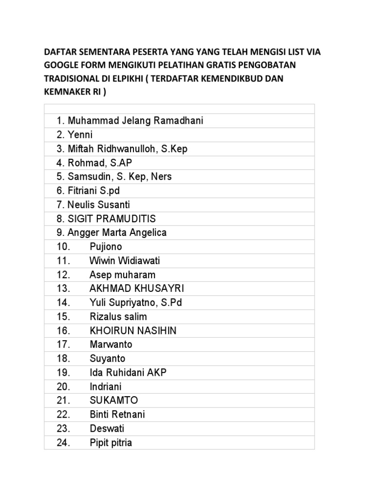 Daftar Sementara Peserta Yang Yang Telah Mengisi List Via Google Form ...