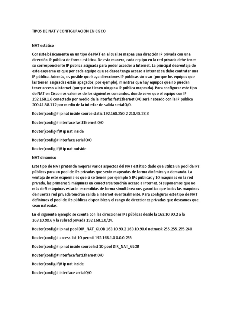Ets4-T Tipos de Nat y Configuración en Cisco | PDF | Dirección IP | Enrutador (Computación)