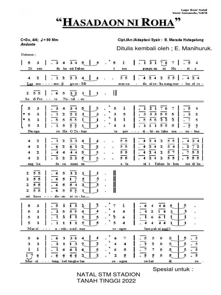 Lagu Koor Natal "Hasadaon ni Roha" | PDF
