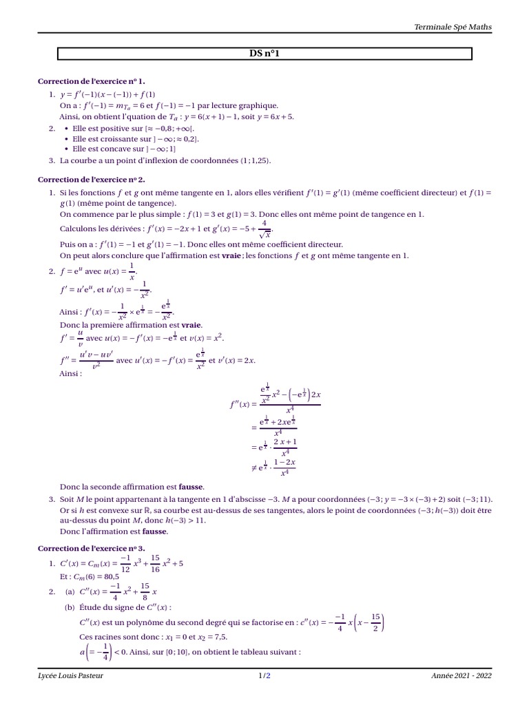 TSM DS1 Dérivation FCT Compo Convexité Récurrence Corr | PDF