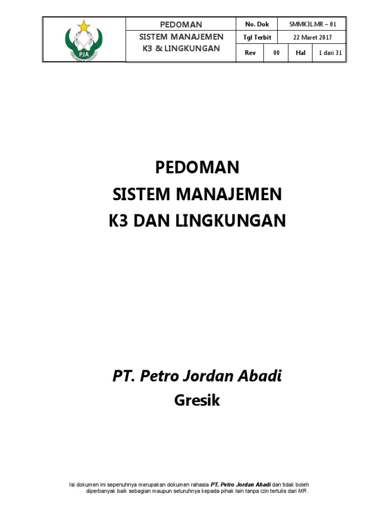 Pedoman SMK3L PT. Petro Jordan | PDF