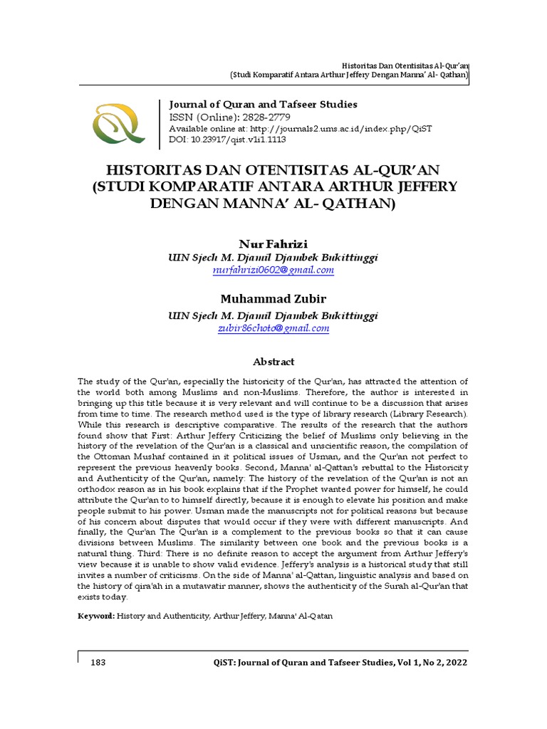 Historitas Dan Otentisitas Al-Qur'An (Studi Komparatif Antara Arthur ...