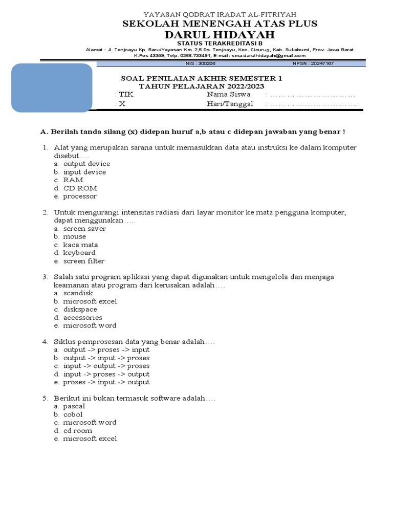 UAS Kelas X Soal dan Kunci Jawaban | PDF