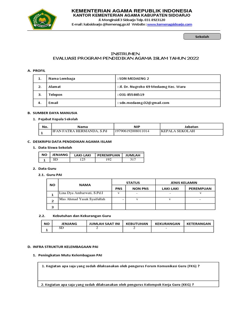 Intrumen Evaluasi Program PAI 2022 PMK | PDF