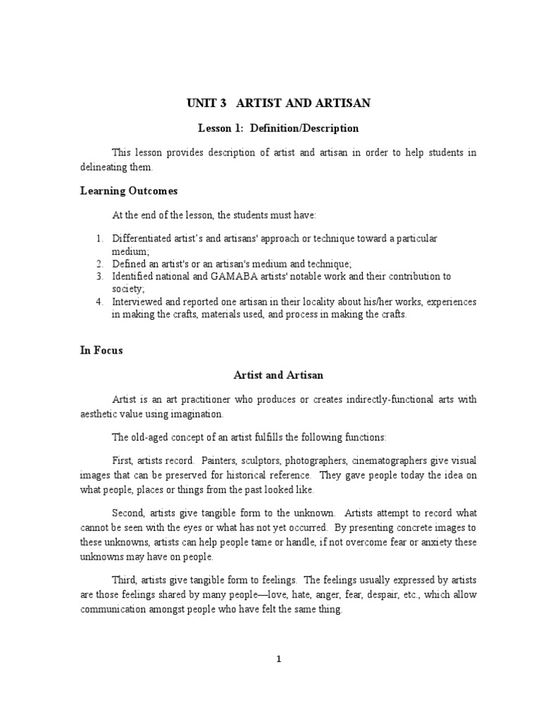UNIT 3 Lesson 1 Artist and Artisan | PDF | The Arts | Cognition