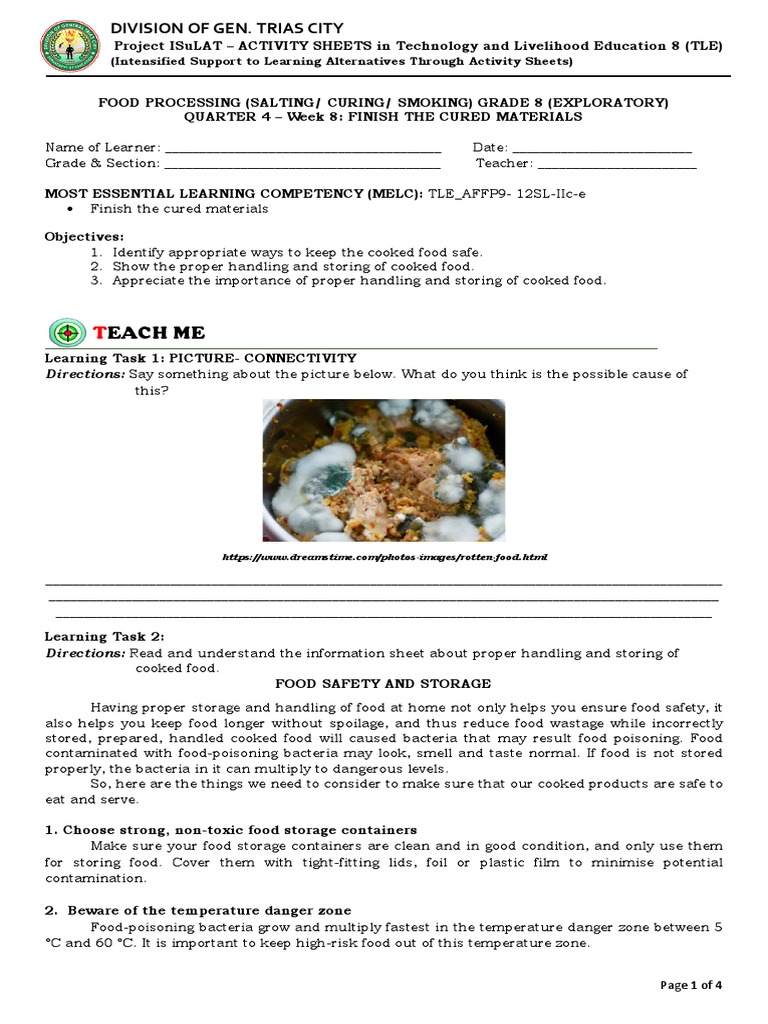 TLE8 Q4 Week 8 as Food Processing | PDF | Refrigerator | Freezing