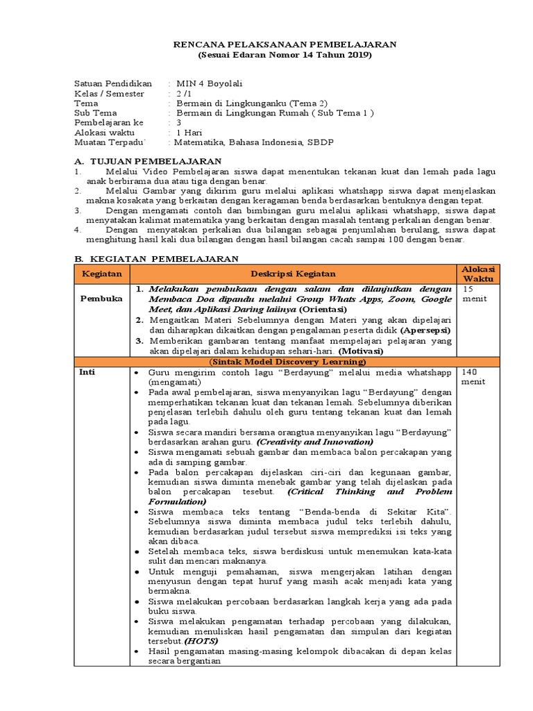 RPP Daring Kelas 2 Bermain Di Lingkungan Rumah | PDF