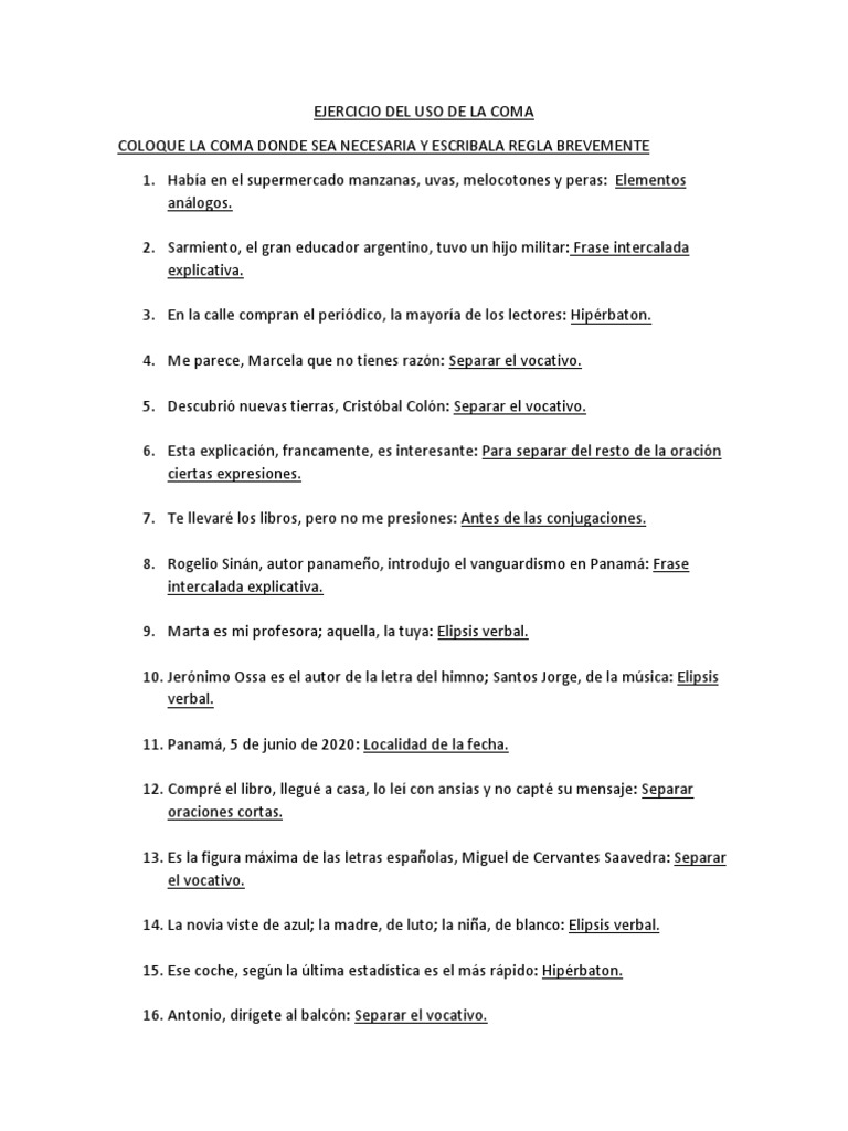 EJERCICIO DEL USO DE LA COMA (Resuelto) | PDF