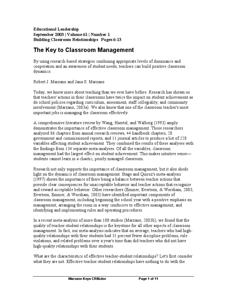 The Key To Classroom Management | PDF | Classroom Management | Teachers