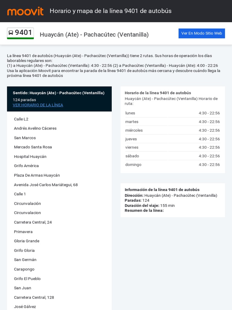 Huaycán (Ate) - Pachacútec (Ventanilla) : Horario y Mapa de La Línea 9401 de Autobús | PDF ...