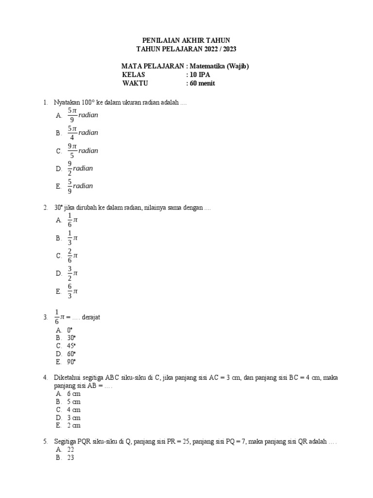 Soal PAT Matematika Wajib MIPA 2022-2023 (Siska Wilianti) | PDF