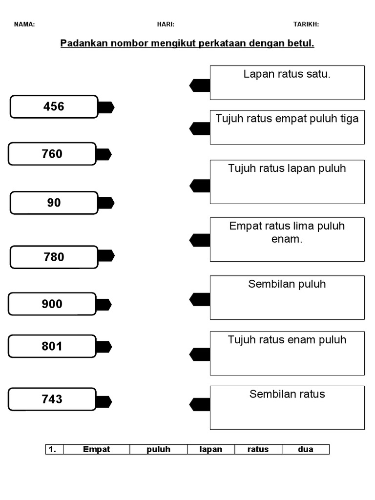 (RATUS) Padankan Nombor Mengikut Perkataan Dengan Betul | PDF