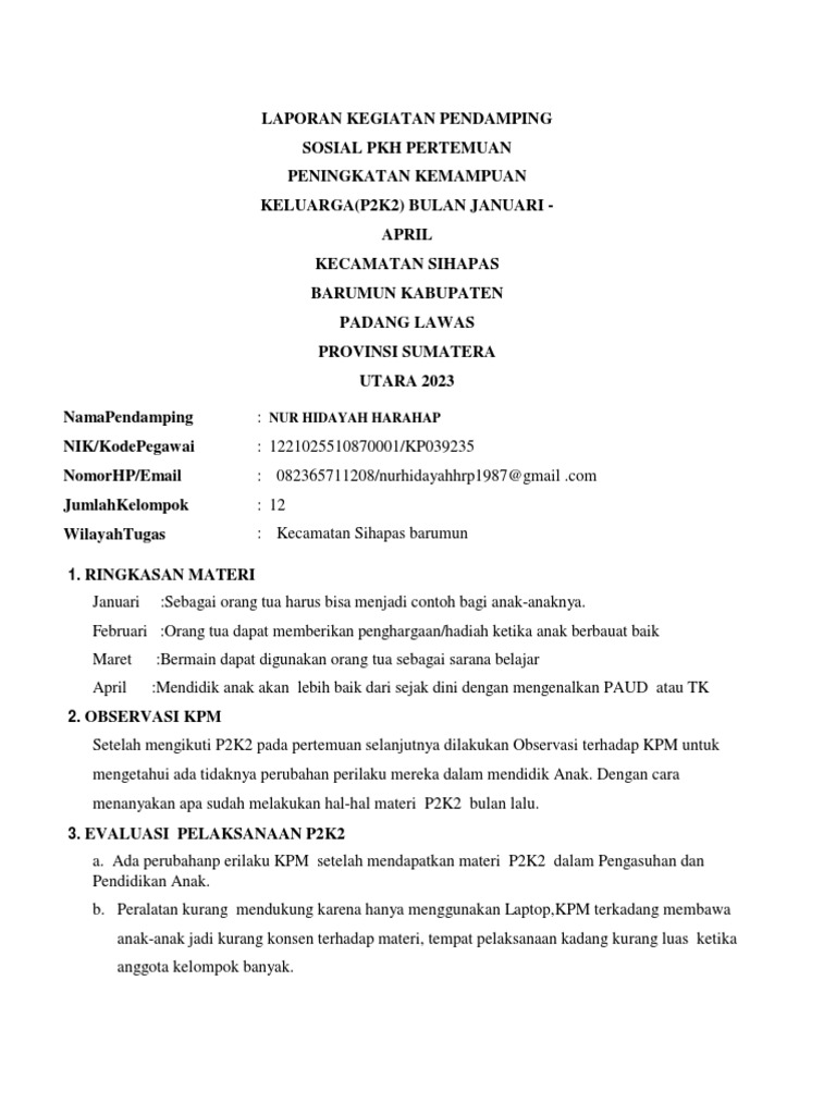 Laporan P2K2 Kegiatan Pendamping Sosial PKH - SPJ Bop-1 - Nur Hidayah Harahap | PDF