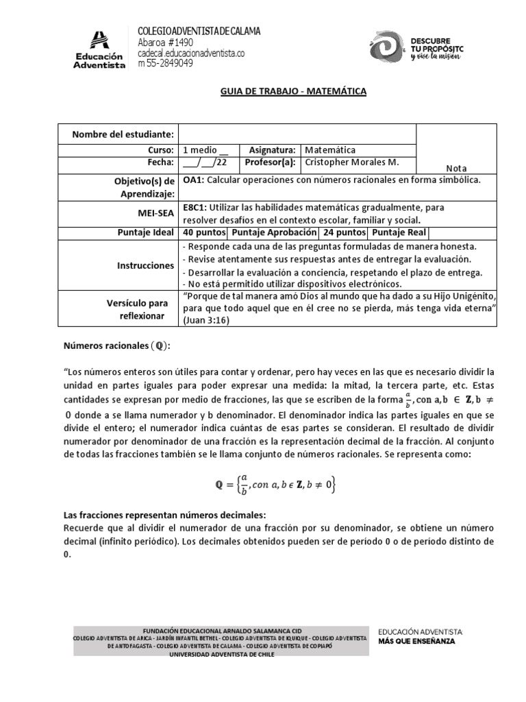1MB Guiatrabajo Matemática Racionales | PDF | Número racional | Matemática Elemental