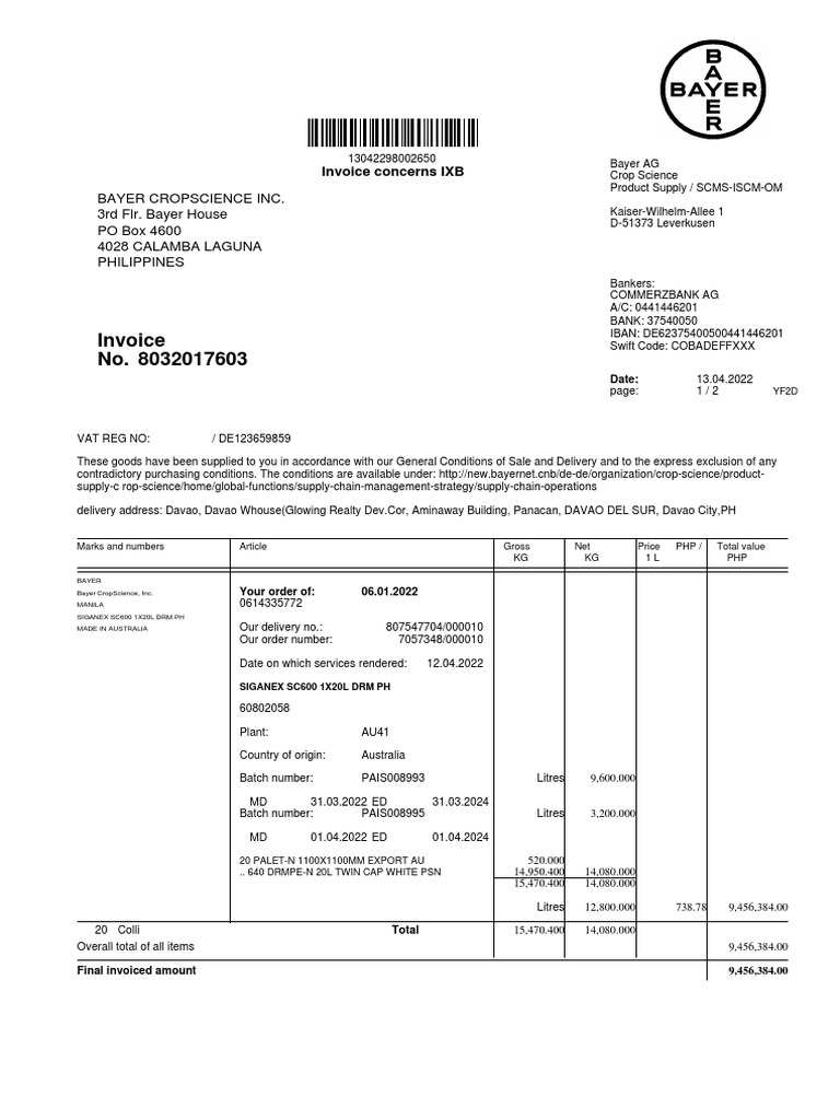 Invoice No. 8032017603: Bayer Cropscience Inc. 3rd Flr. Bayer House PO ...