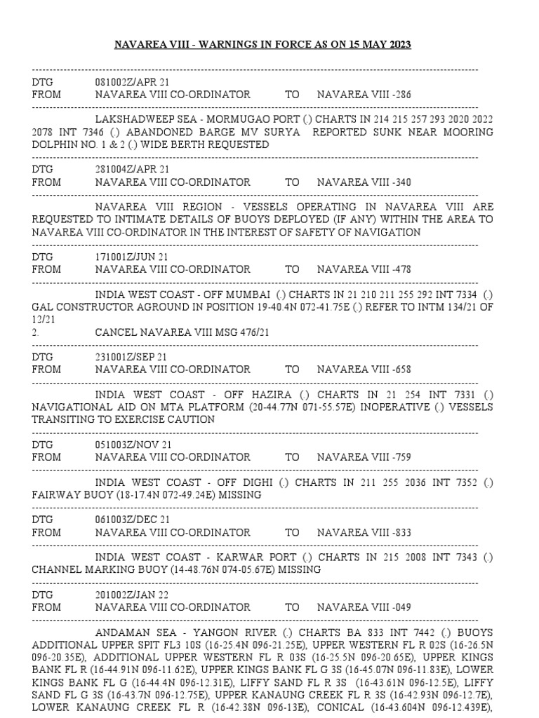 Navarea - Warnings - in - Force (May 15) | PDF | Boats | Navigation