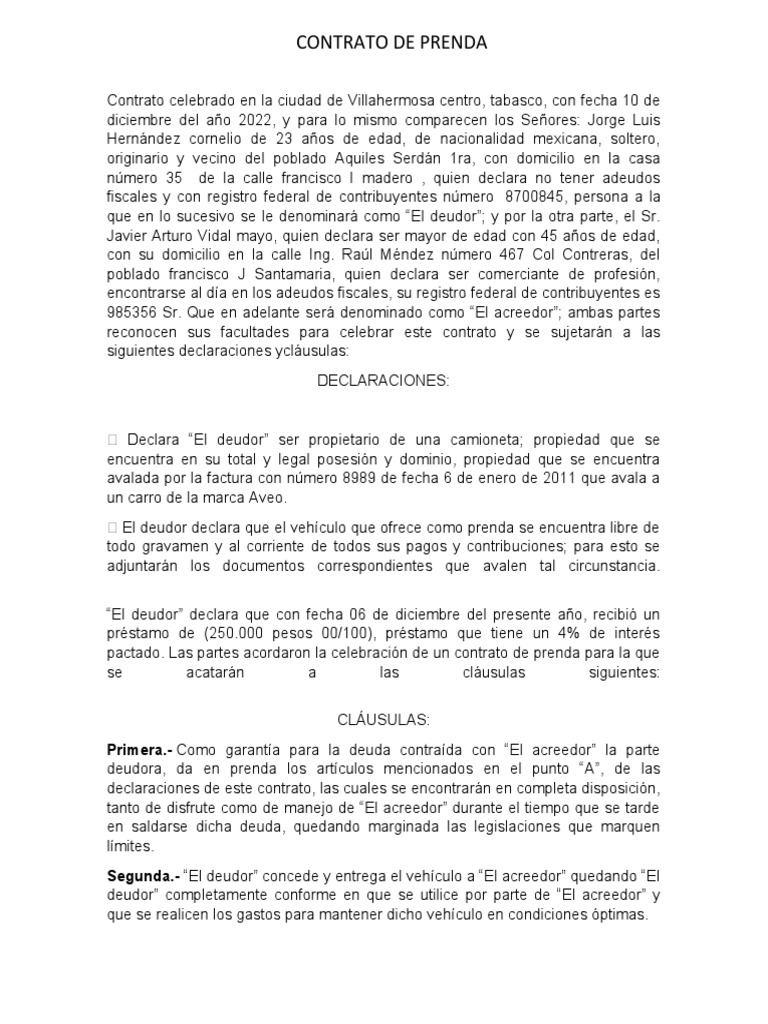 Contrato de Prenda Vehicular 2022 | PDF | Derecho civil (sistema legal ...