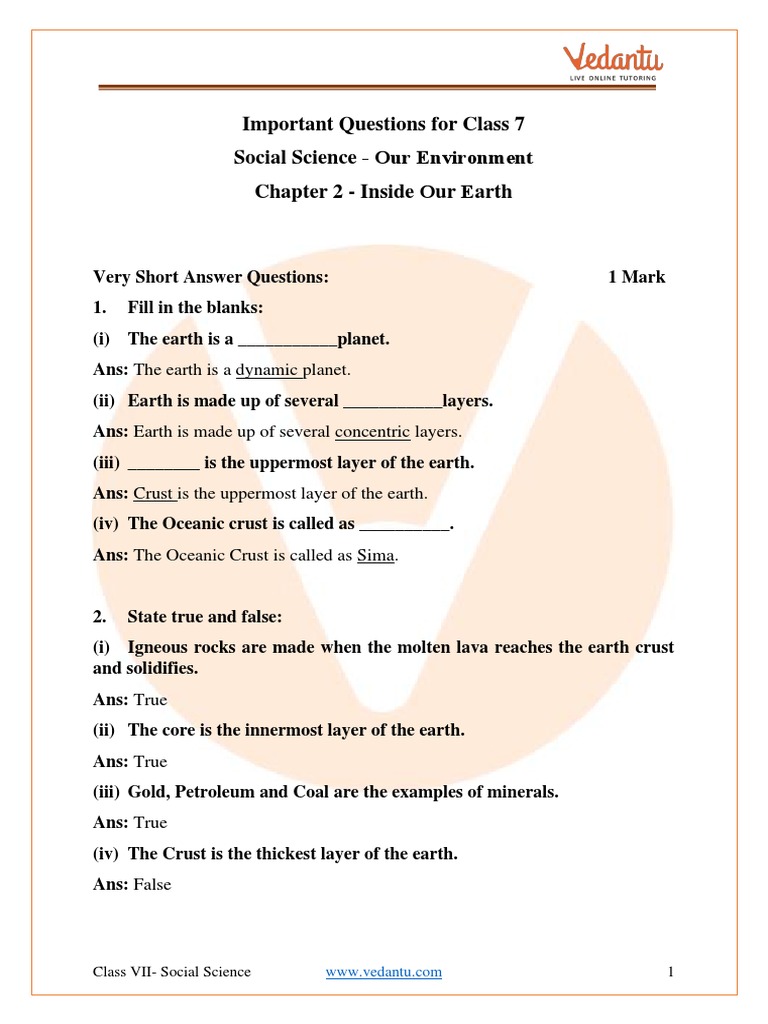Important Questions For CBSE Class 7 Social Science Our Environment Chapter 2 - Inside Our Earth ...