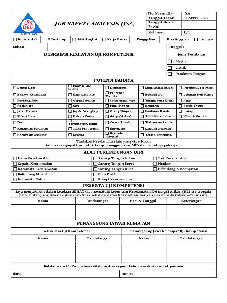 Job Safety Analysis (Jsa) : Deskripsi Kegiatan Uji Kompetensi | PDF