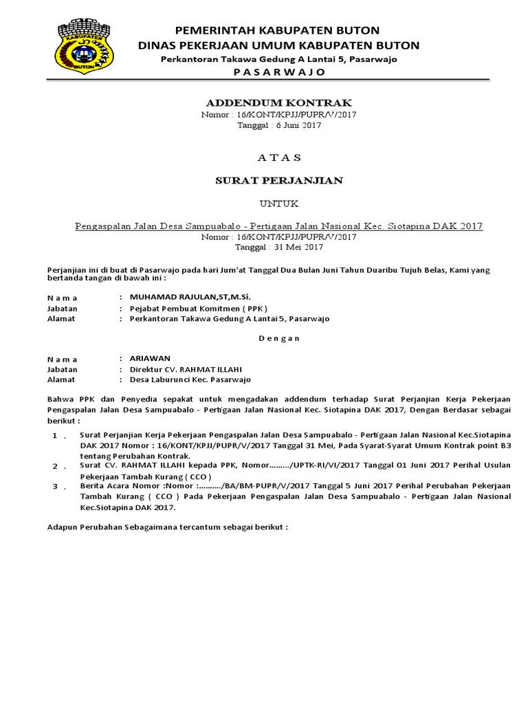Addendum Kontrak Pengaspalan Jalan Buton | PDF | Teknologi & Rekayasa