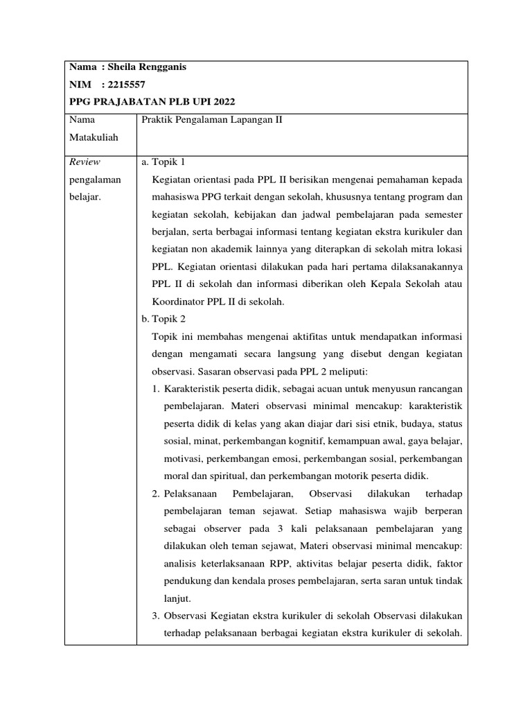 Refleksi Praktik PPL II Mahasiswa | PDF | Karier & Perkembangan | Sains ...