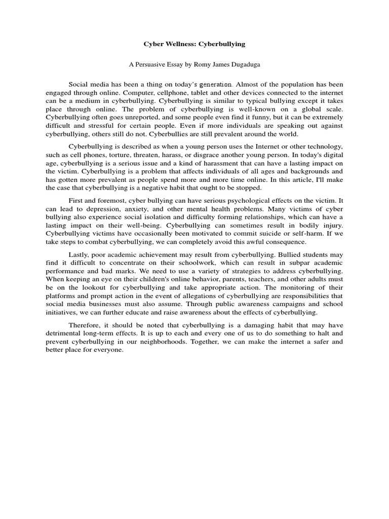 Persuasive Essay | PDF | Cyberbullying | Bullying