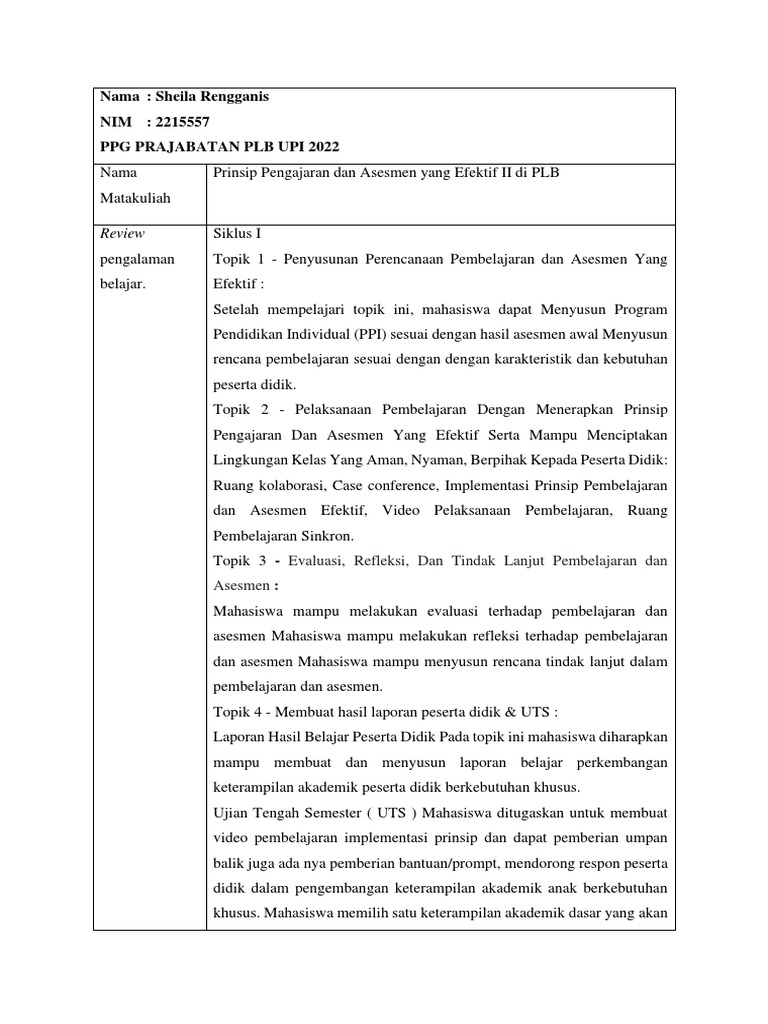 Jurnal Refleksi - Sheila Rengganis - Prinsip Pengajaran Dan Asesmen Yang Efektif II Di PLB | PDF ...