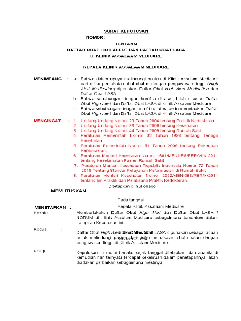 SK Daftar Obat High Alert Dan LASA KOREKSI | PDF