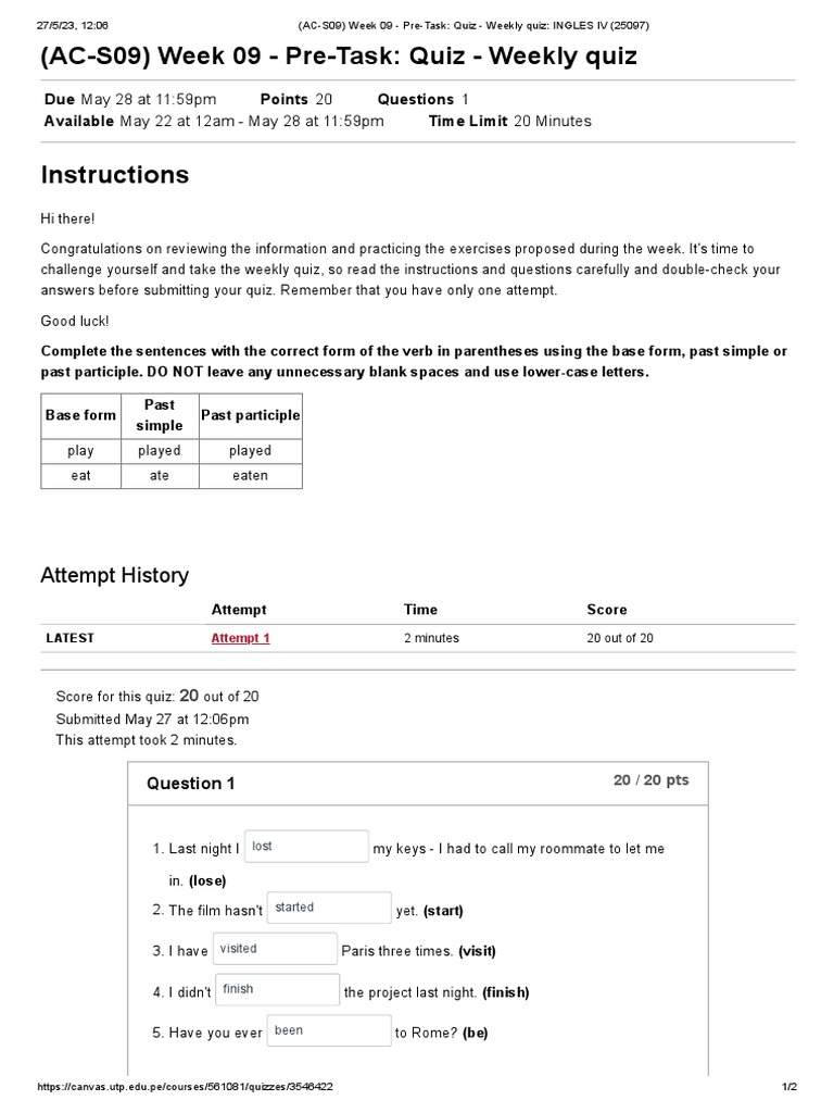 (AC-S09) Week 09 - Pre-Task - Quiz - Weekly Quiz - INGLES IV (25097) - Alan | PDF