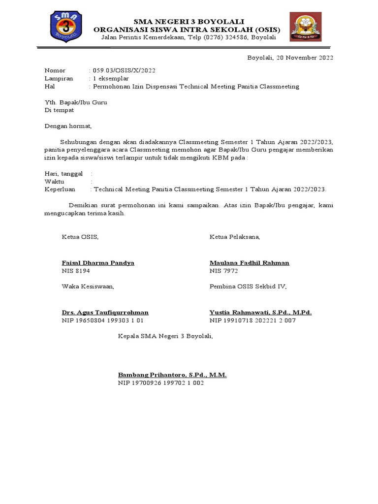 Surat Dispen Classmeeting | PDF