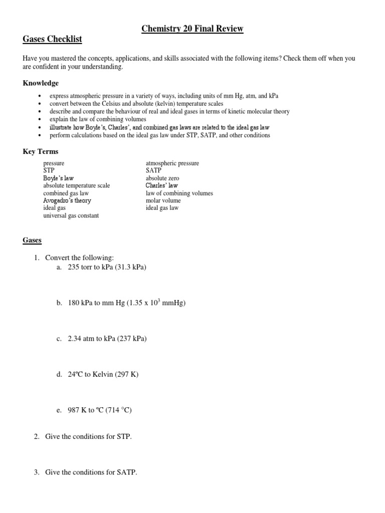 Chemistry20 UnitBReview | PDF | Gases | Metrology