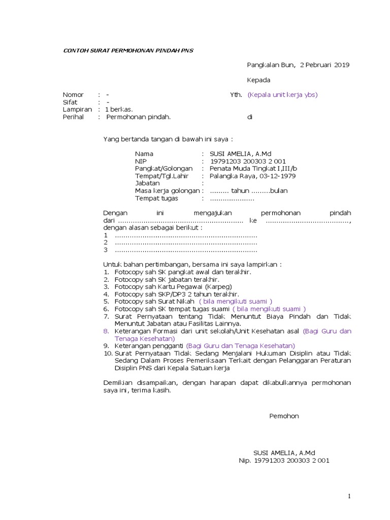 Contoh Surat Permohonan Pindah PNS | PDF