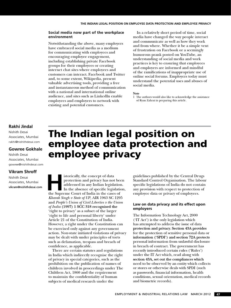 The Indian Legal Position On Employee Data Protection and Employee Privacy | PDF | Right To ...