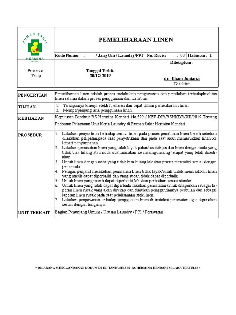 Pemeliharaan Linen di Laundry Rumah Sakit | PDF