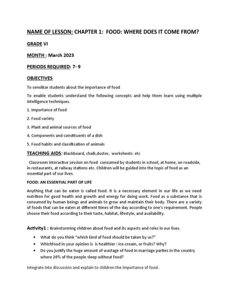 Lesson Plan Class 6 Food Where It Come From Pdf Foods Meal