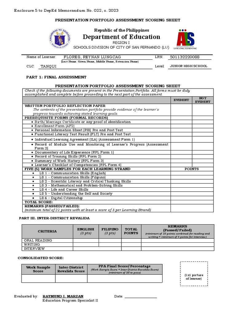 Enclosure No. 5 Presentation Portfolio Assessment Scoring Sheet | PDF ...