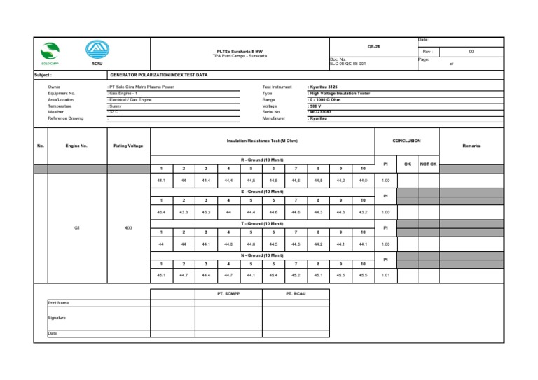 Generator Polarization Index Test Data | PDF | Electrical Equipment ...