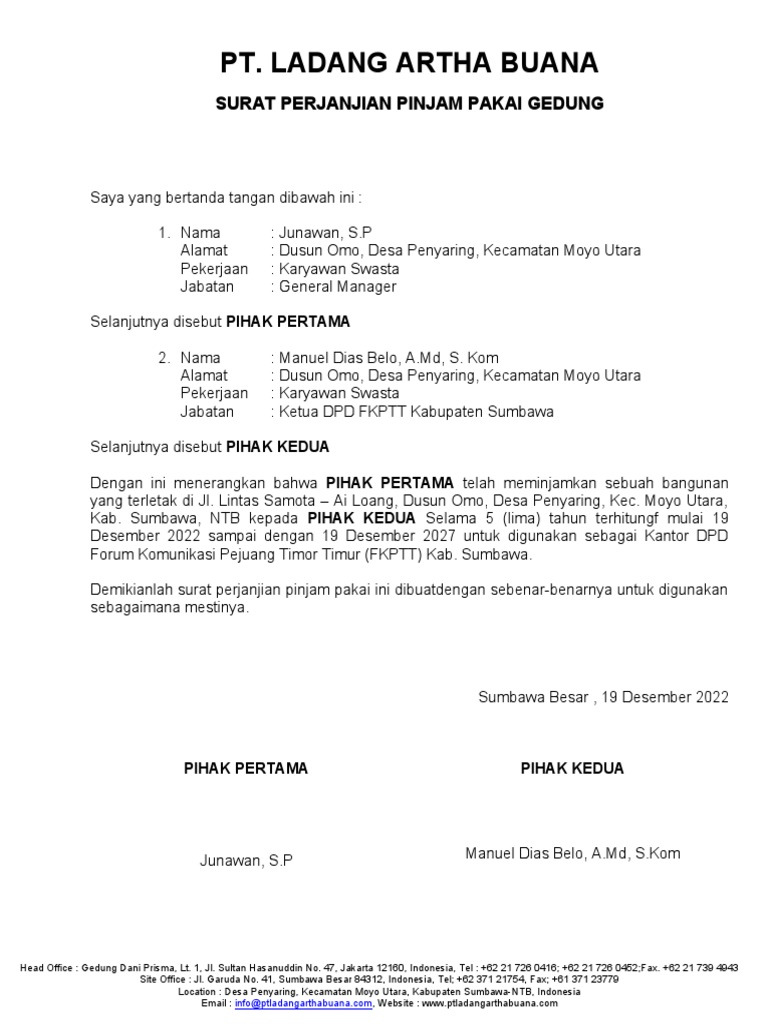 Surat Perjanjian Pinjam Pakai Gedung - FKPTT | PDF