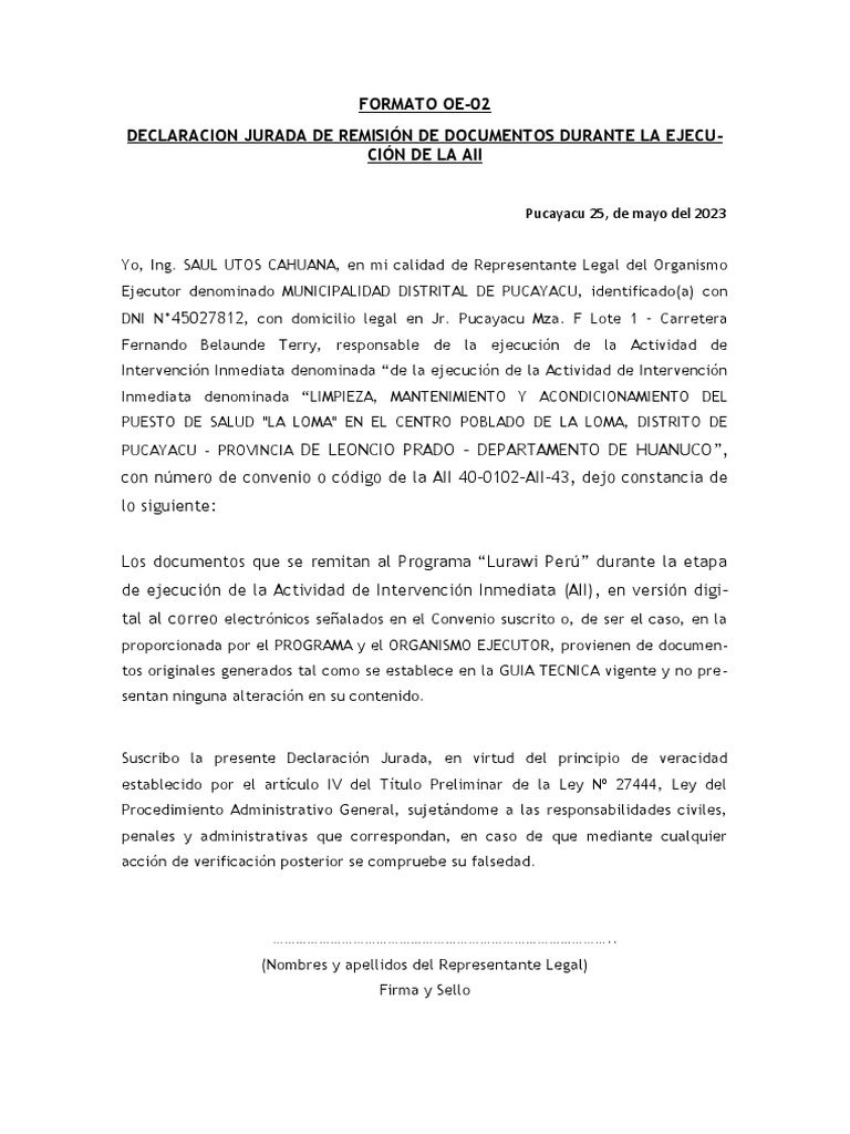 Formato OE-02 (DJ DE AUTENTICIDAD DE DOCUMENTOS REMITIDOS DURANTE LA EJECUCIÓN) | PDF