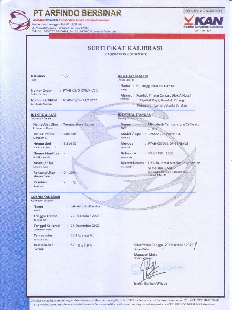 Sertifikat Kalibrasi Temperatur Gauge Ashcroft B 316 SS 100 C | PDF