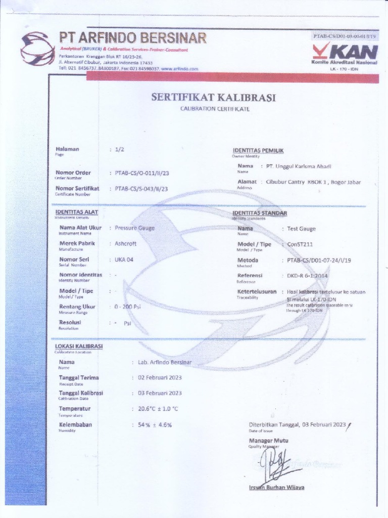 Sertifikat Kalibrasi Pressure Gauge Aschroft Uka 04 200 Psi | PDF