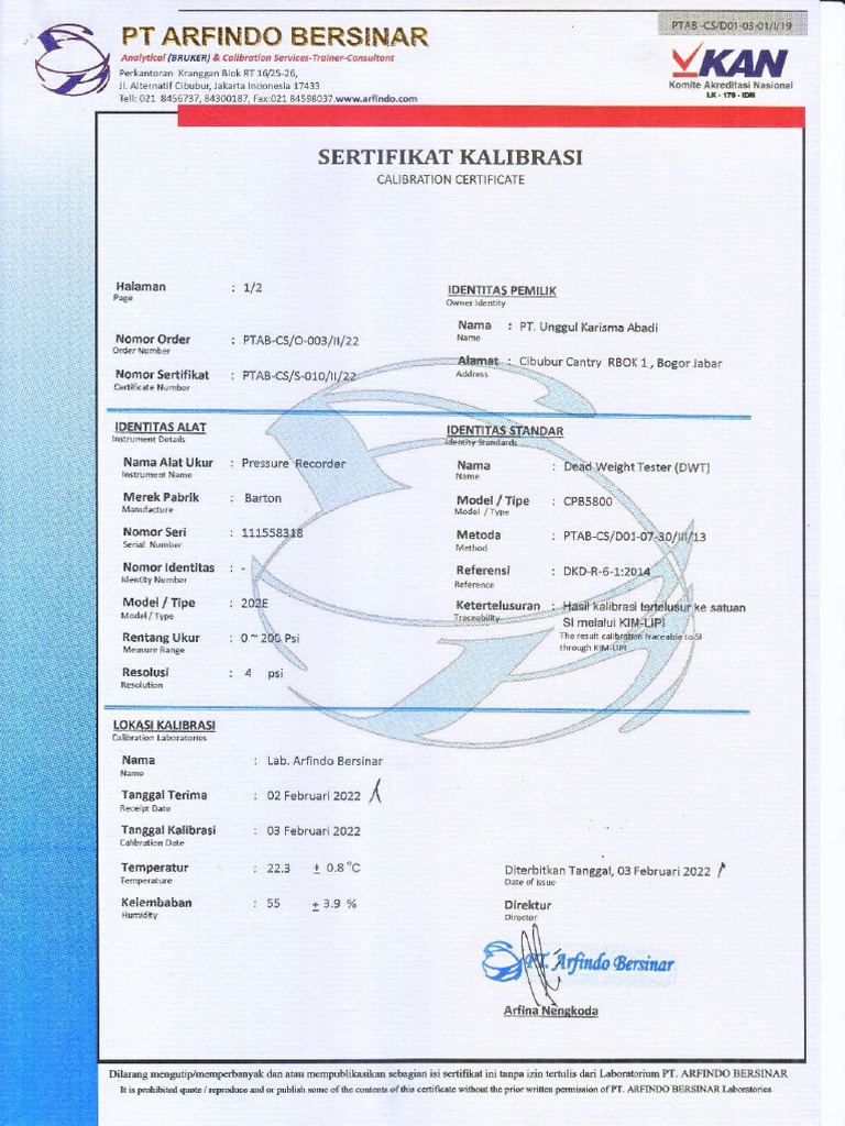 Sertifikat Kalibrasi Pressure Recorder 200 PSI | PDF