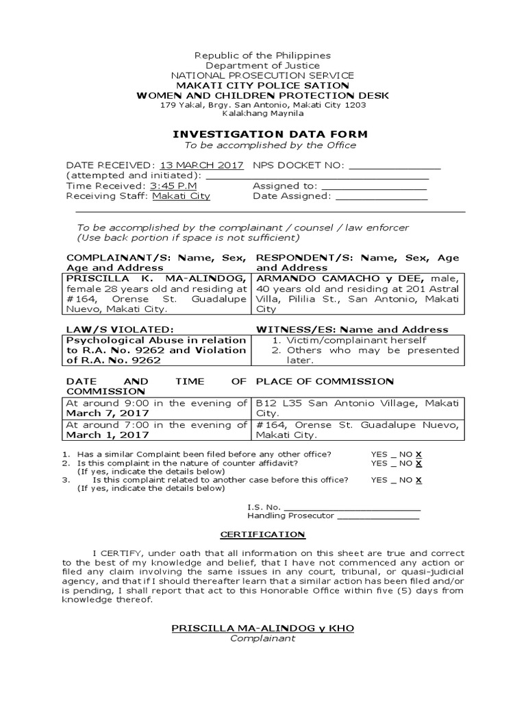 Investigation Data Form (Legal) | PDF