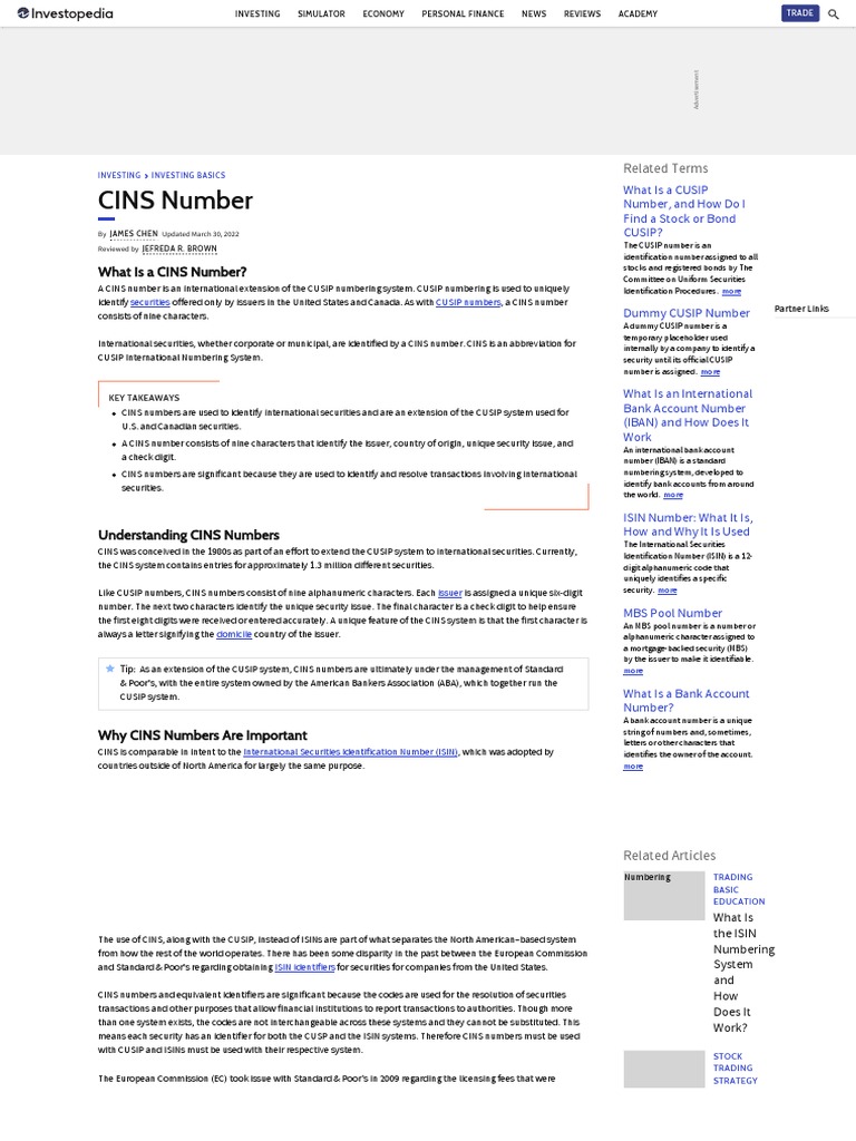 Cins Number Definition | Download Free PDF | Cusip | Securities (Finance)