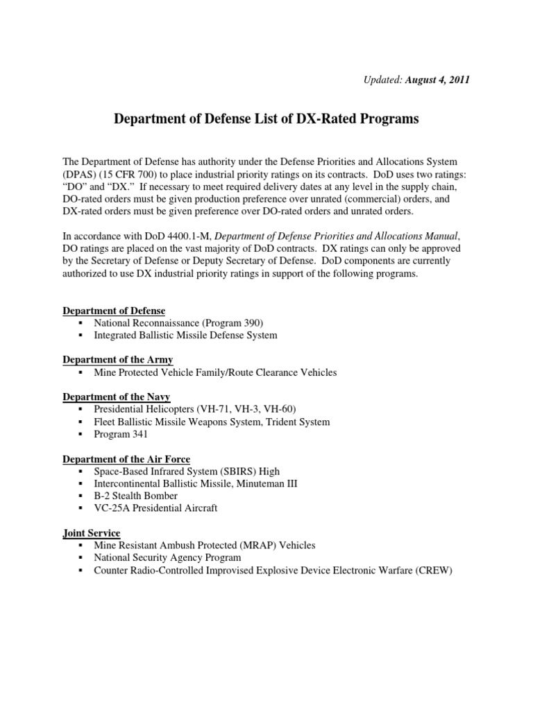 DoD DX-Rated Programs Overview | PDF