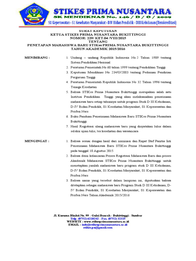 SK Penetapan Mahasiswa Baru 2015-2016 | PDF