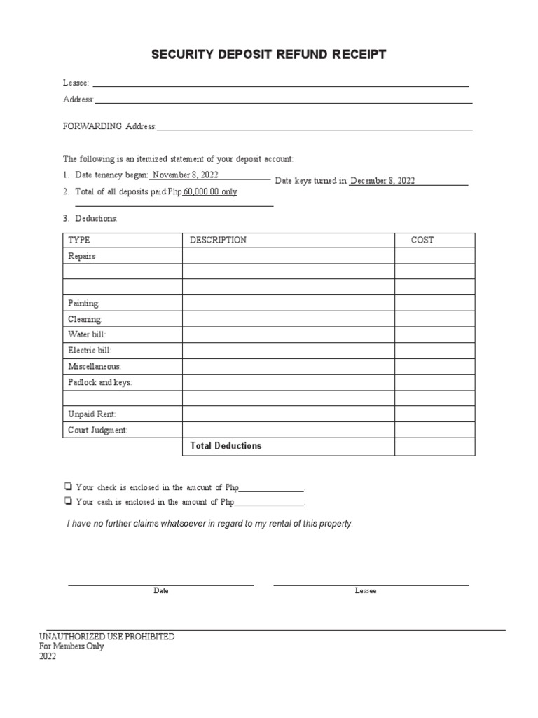 Security Deposit Agreement Refund Form | PDF