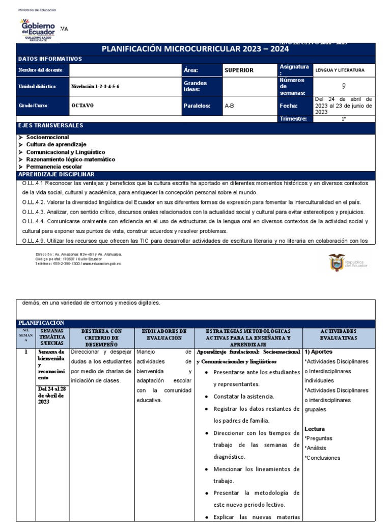 LL - 8vo - Planificación 9 Semanas | PDF | Evaluación | Aprendizaje
